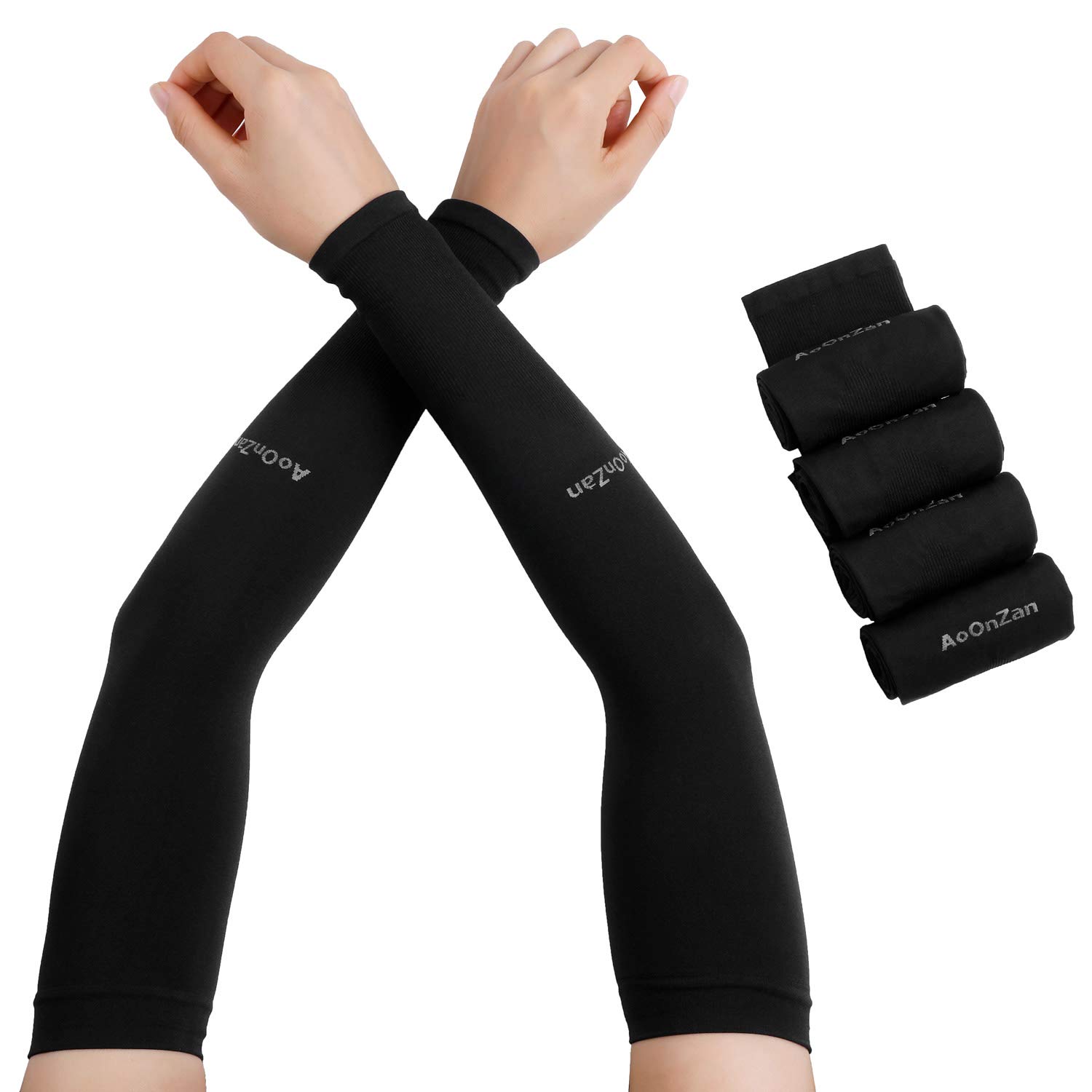 AoOnZan 5 Pairs Black Arm Sleeves UV Sun Protection for Men Women, Cooling Compression Sport Cycling Golf Arm Cover