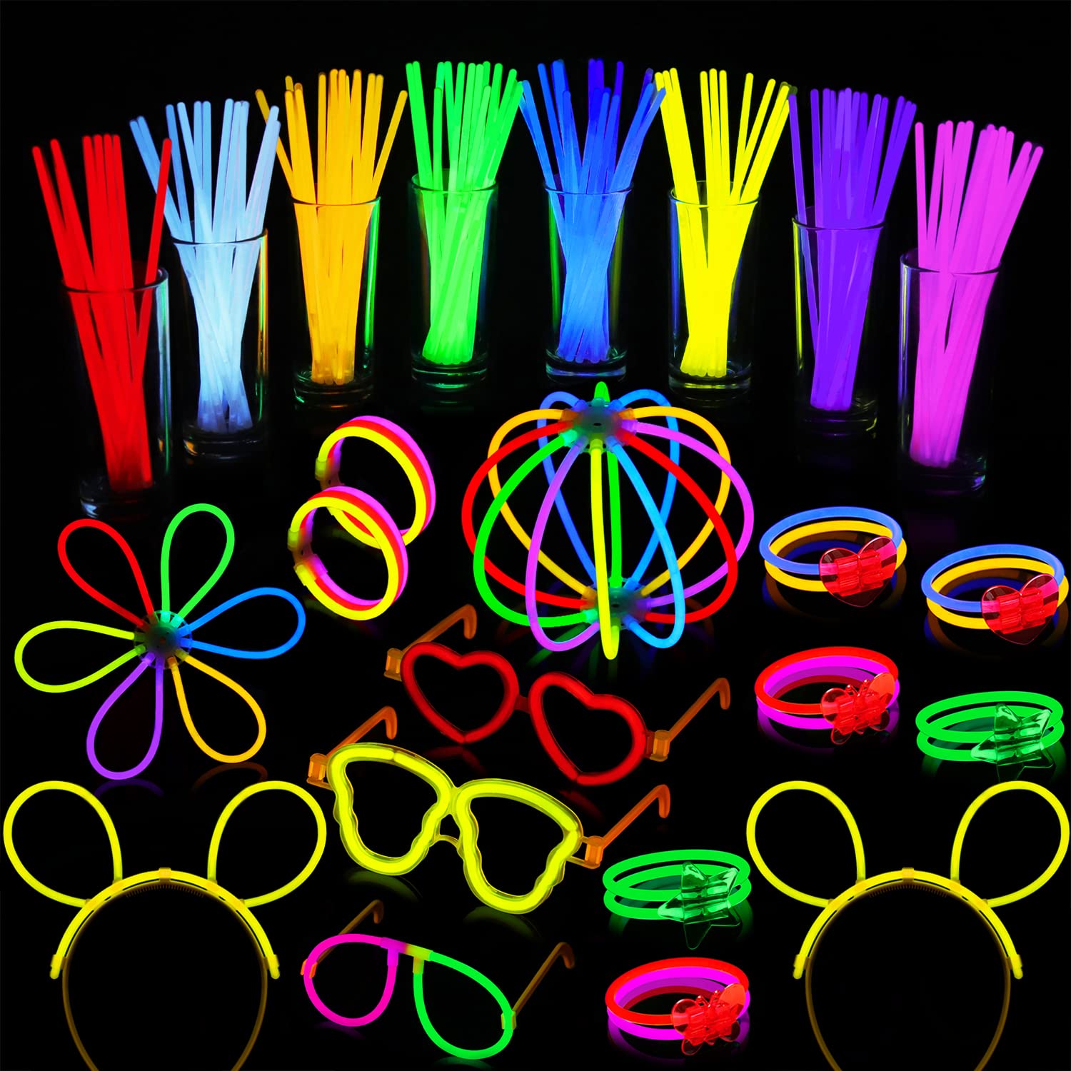 AIVANT Glow Sticks Bulk Party Supplies | 216 PCS Glow Stick Set with Connectors for Eyeglasses Hairpins Balls Butterflies | Glow in the Dark Light Up Sticks Party Favors Decorations