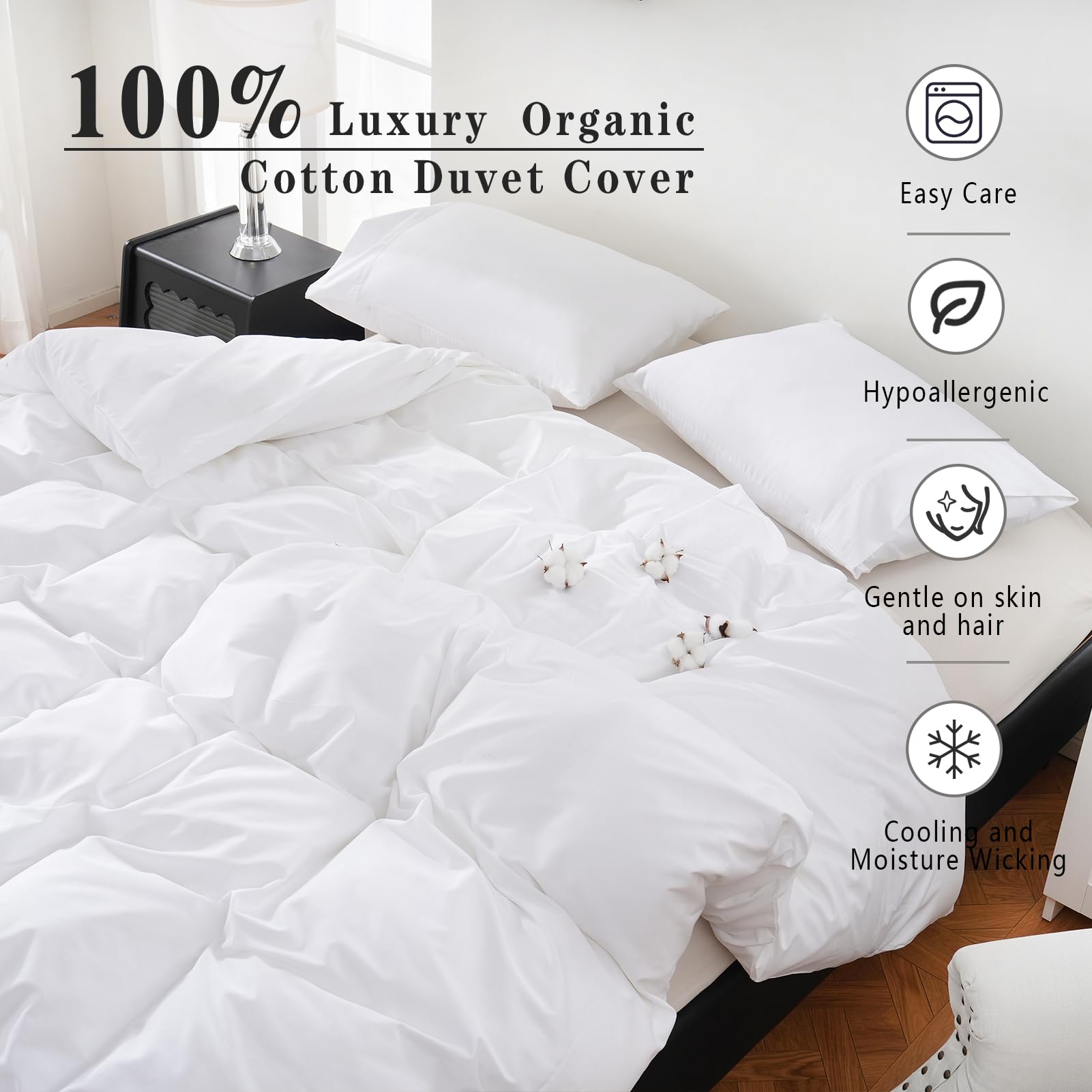Overket 100% Organic Cotton Duvet Cover Queen Size Luxury 400 Thread Count Duvet Cover Queen Size Sateen Comforter Cover Soft and Breathable Cooling Bedding Set 3 Piece(White;Queen)