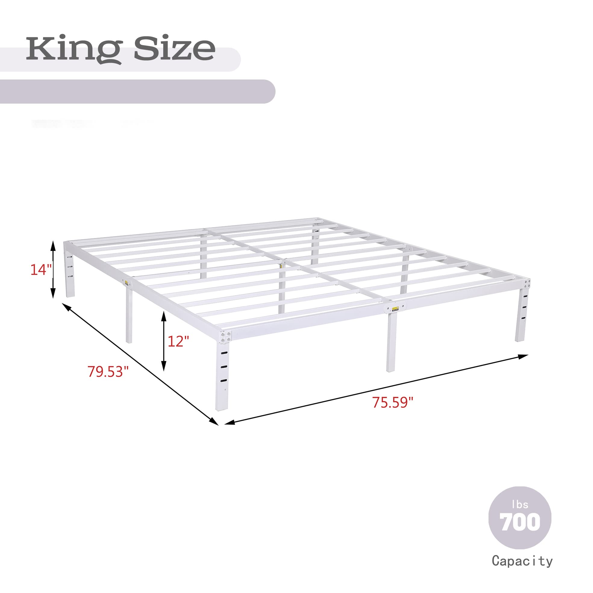 alazyhome King Size Bed Frame 14 Inch Metal Platform Bed Frame Heavy Duty Steel Slats Support No Box Spring Needed Noise-Free Easy Assembly White