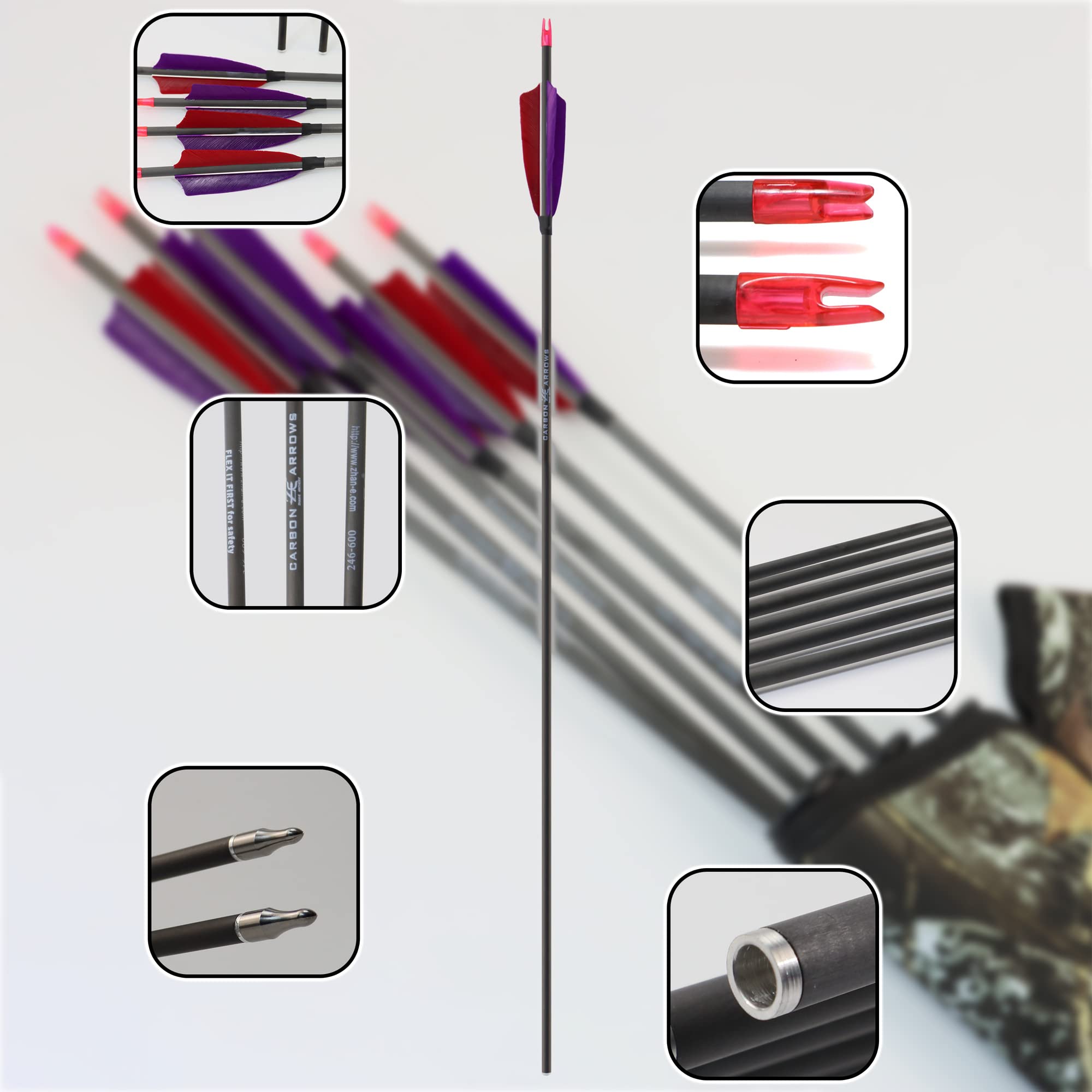 Archery Carbon Arrow 31 inch 600 Spine Pure Carbon with 100 Grain Screw Tips, Hunting Arrows for Compound & Recurve Bow 12PCS