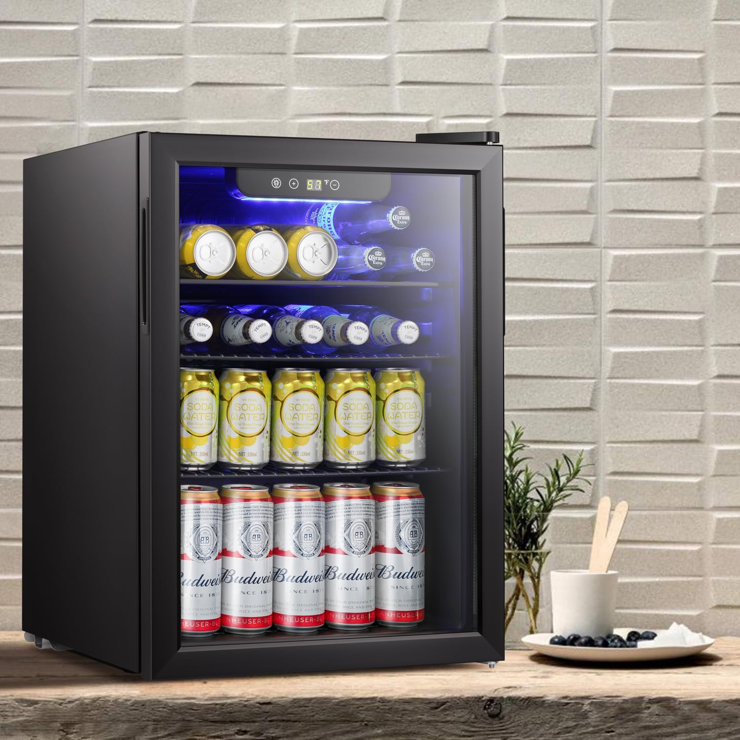 Antarctic Star Beverage Refrigerator Cooler-85 Can Mini Fridge Glass Door for Soda Beer Wine Stainless Steel Glass Door Small Drink Dispenser Digital Display for Home, Office Bar,2.4cu.ft