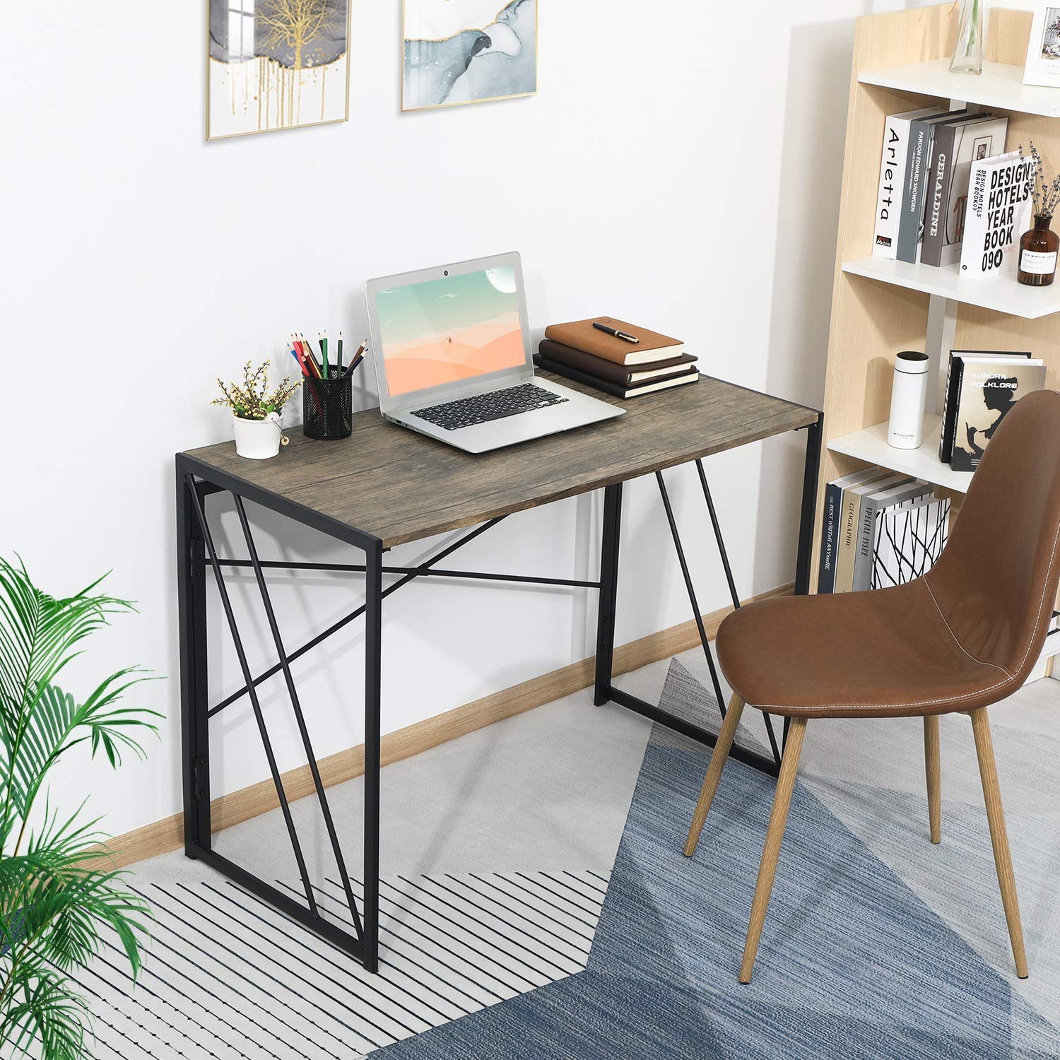 AINGOO No Assembly Folding Computer Writing Desk Industrial Style Home Office Study Laptop Gaming Table for Small Space Brown