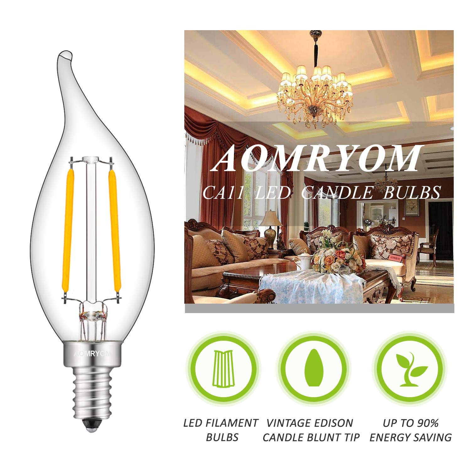 AOMRYOM 2W Candelabra LED Filament Bulb 25W Equivalent 3000K Warm White, E12 Base LED Chandelier Bulbs, Antique Style CA11 Clear Glass Candle Light Bulbs, Non-Dimmable, Pack of 8