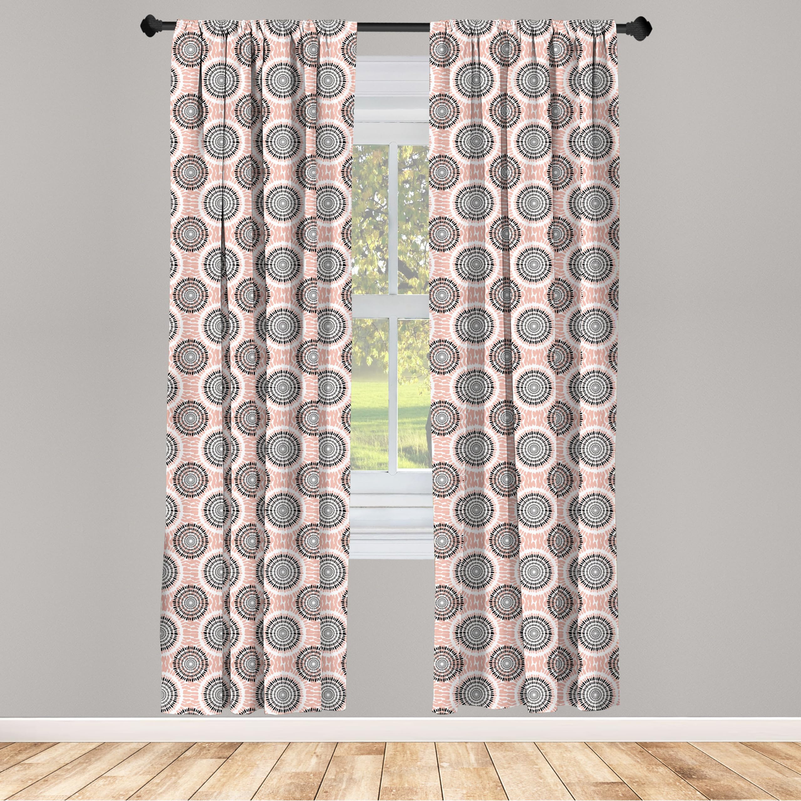 Ambesonne Peach Curtains, Symmetrical Circular Shapes Pattern Abstract Background Soft Color Image Print, Window Treatments 2 Panel Set for Living Room Bedroom, Pair of - 28" x 63", White Black