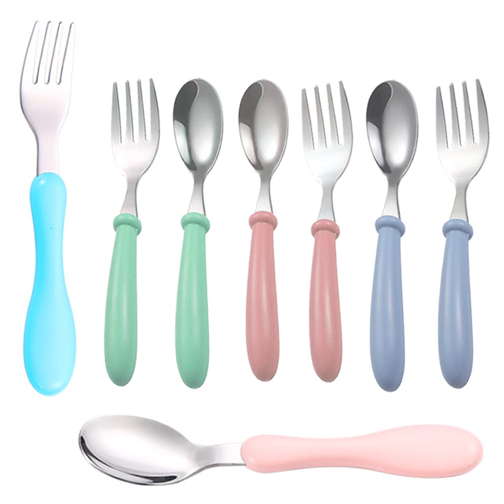AWEELON 8PCS Kids Utensils,Toddler Utensils Stainless Steel Baby Forks and Spoons Silverware Set with Round Handle for Lunch Box