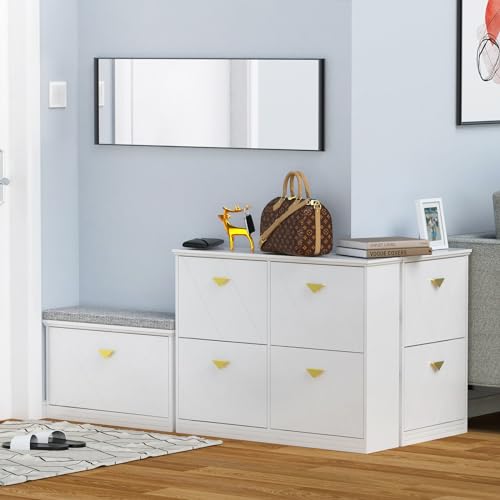 joibabe Shoe Cabinet with Flip Drawers, Shoe Bench with Removable Cushion, Free Standing Tipping Bucket Shoe Rack Organizer with Adjustable Shelf, Shoe Storage Cabinet