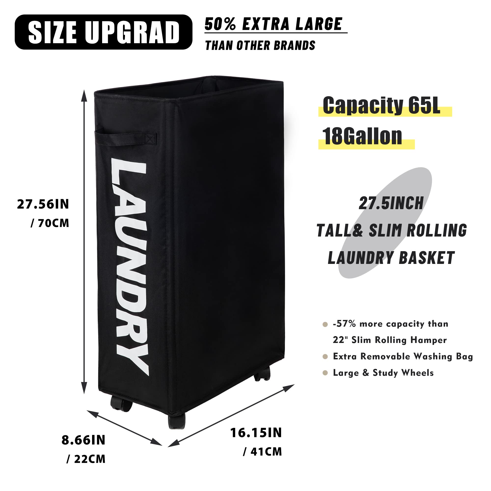 Caroeas Laundry Basket Slim Plus 27.5β,Black Laundry Basket with Wheels, Laundry Hamper with Removable Wash Bag Waterproof Clothes hamper Fabric baskets for laundry