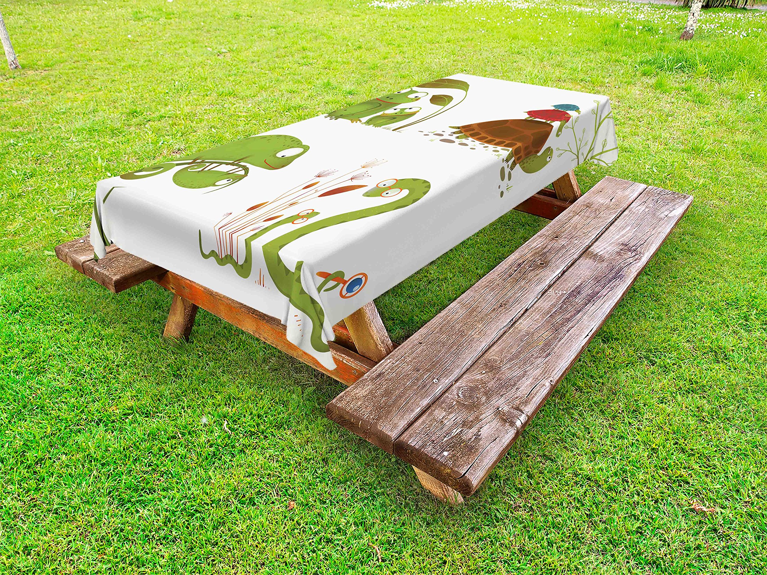 Ambesonne Reptile Outdoor Tablecloth, Reptile Family Colorful Snake Frog Ninja Turtles Love Mother Family Theme, Decorative Washable Picnic Table Cloth, 58" X 104", Green Brown Red
