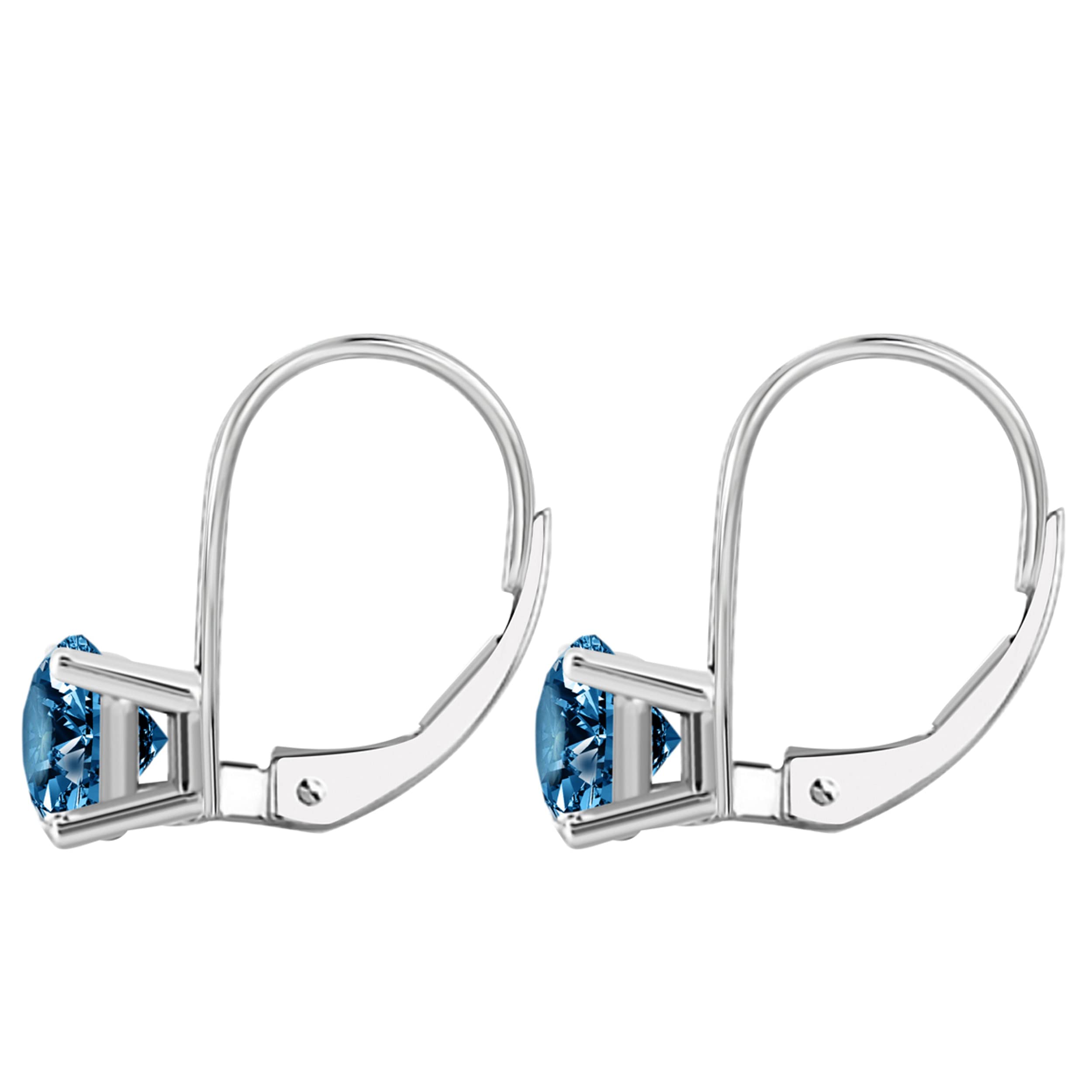 AoneJewelry Blue Diamond Leverback Earring for Women| 14K White & Yellow Gold 0.30 Carat 2 Stone Round Cut Prong Setting Genuine Diamond Wedding Jewelry Collection