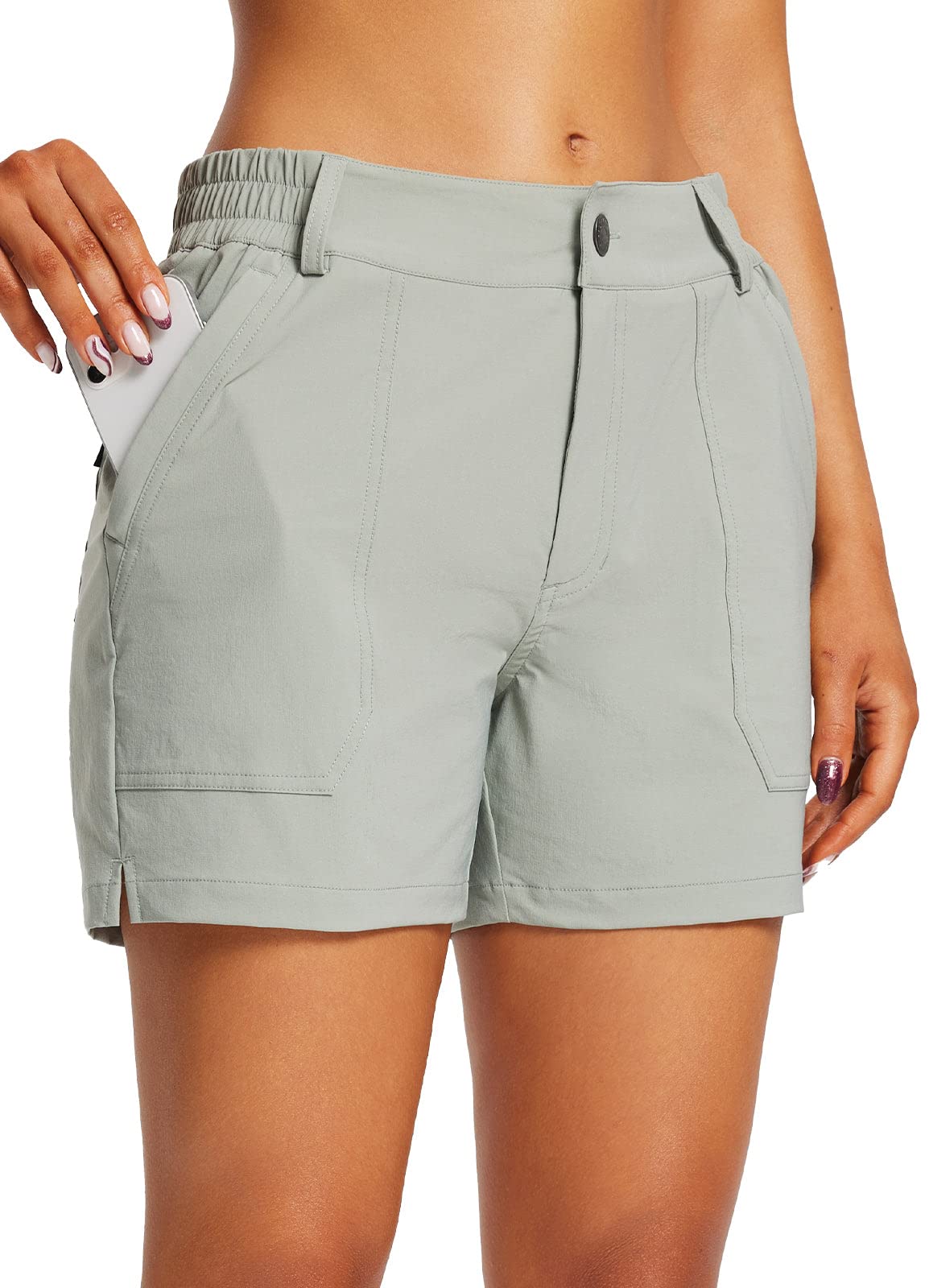 BALEAF Women's 4.5" Golf Shorts Stretch Quick Dry Outdoor Causal Summer Shorts with Zipper Pockets UPF 50+ Water Resistant Light Grey L