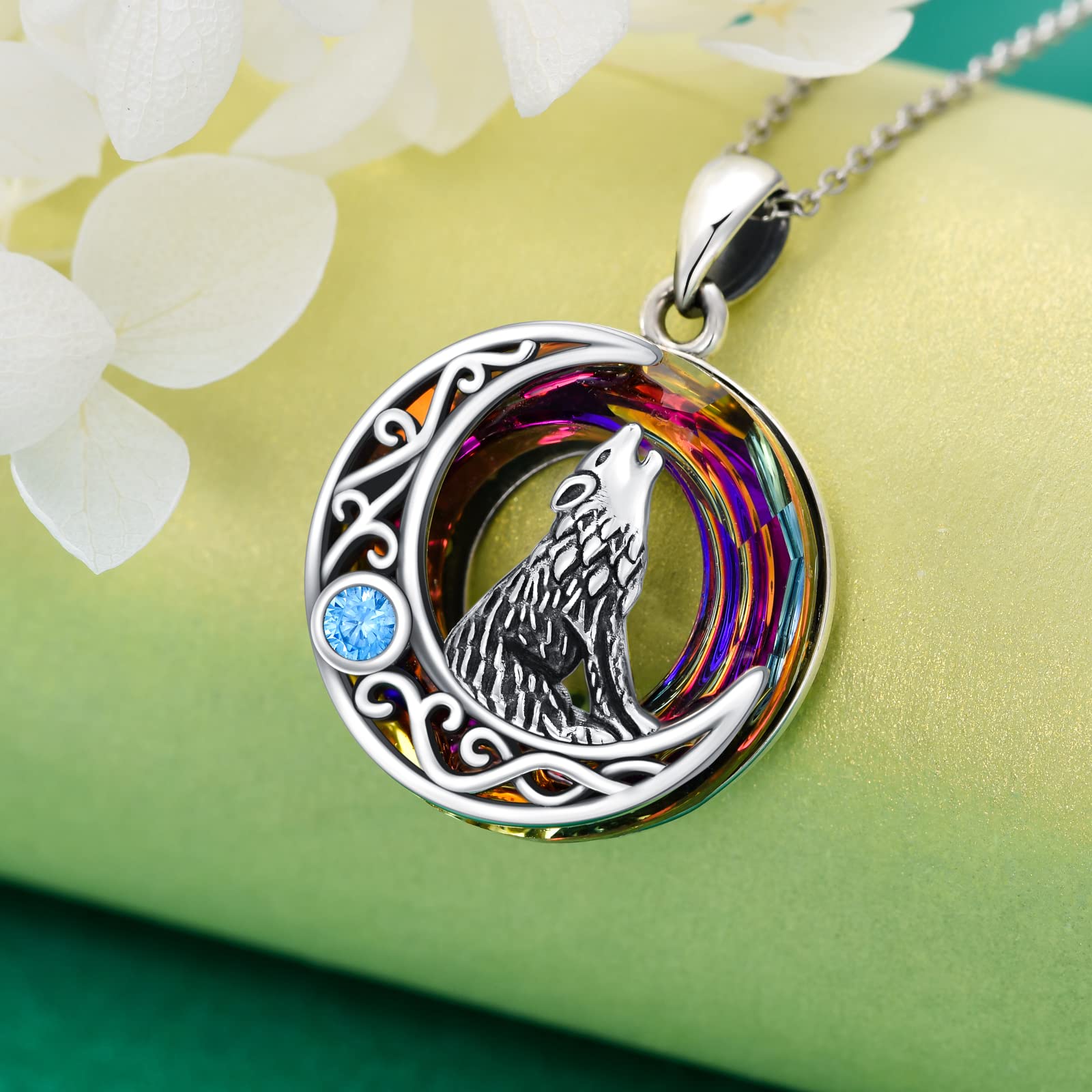 AOBOCO Sterling Silver Celtic Moon Wolf Pendant Necklace, Wolf Jewelry Birthday Gifts for Women Her