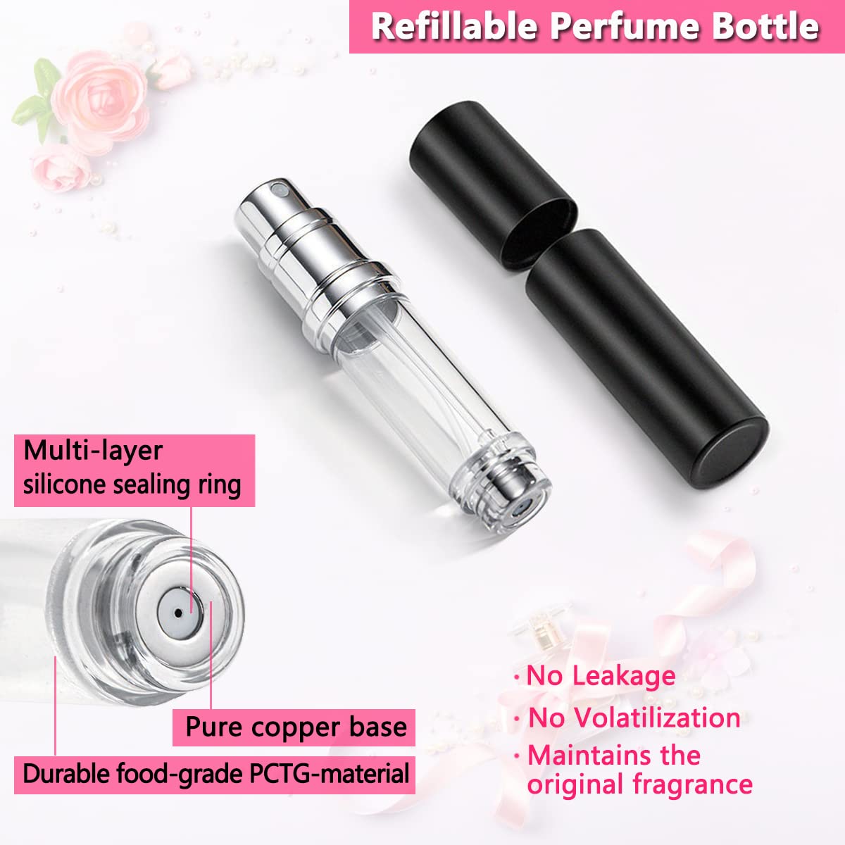 ANTOKX Travel Perfume Bottle Refillable Atomizer - 5ML Perfume Atomiser, Pocket Perfume Dispenser, Scent Pump Case, Leakproof Portable Perfume Sprayer for Women and Men (Pink)