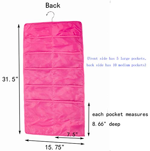 Amborido Dual Side Clothing Hanging Shelves 15 Mesh Pockets Closet Storage Organizer with Metal Hanger Rosy