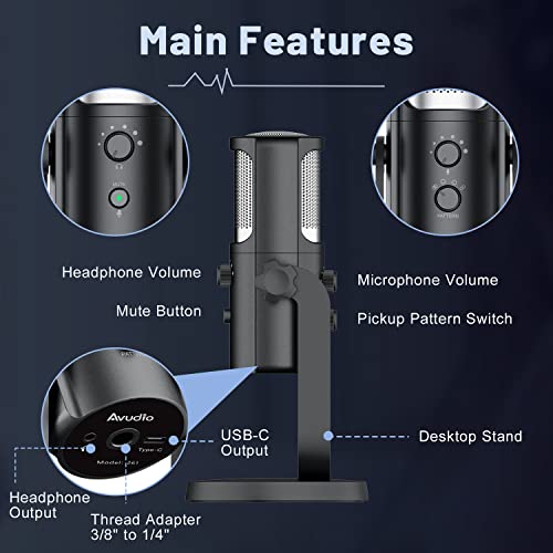 Angetube USB Microphone for PC Mac PS5 PS4, Computer Recording Condenser Mic for Gaming, Streaming, Podcasting, 4 Pickup Patterns, Mic Gain Control & Mute Button Headphone Monitoring Port Plug & Play
