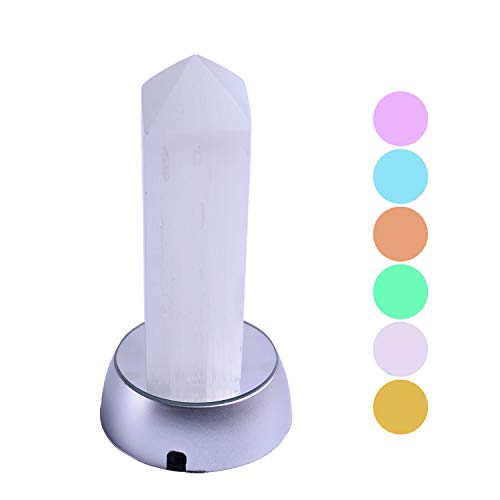 AMOYSTONE 6" Natural Selenite Column Lamp White Crystal Lamp Changing Colors with Led Light Base