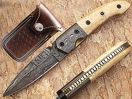 AishaTech Gentlemens Pocket Knife Damascus Steel Blade with White Bone Handle