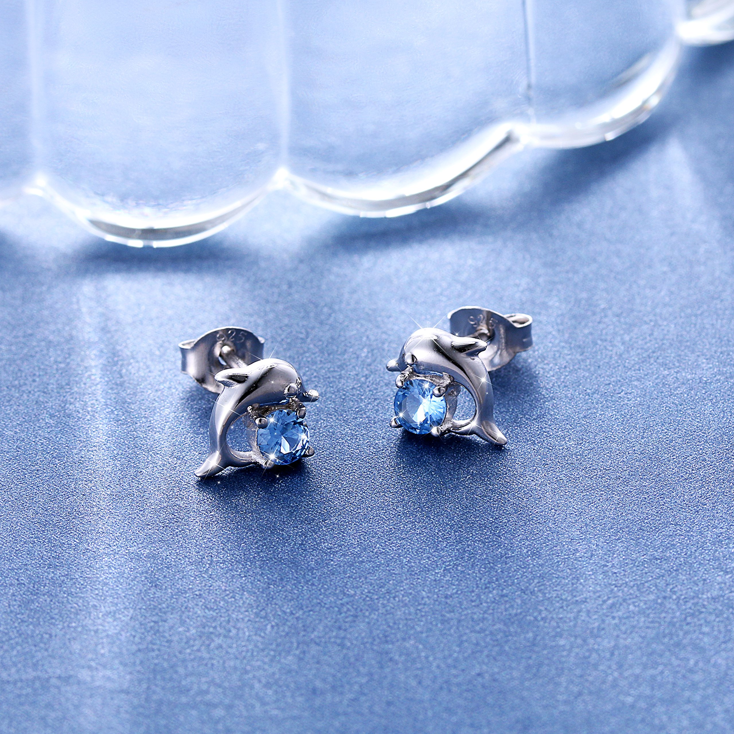 925 Sterling Silver Forever Love Blue CZ Dolphin Stud Earrings for Women