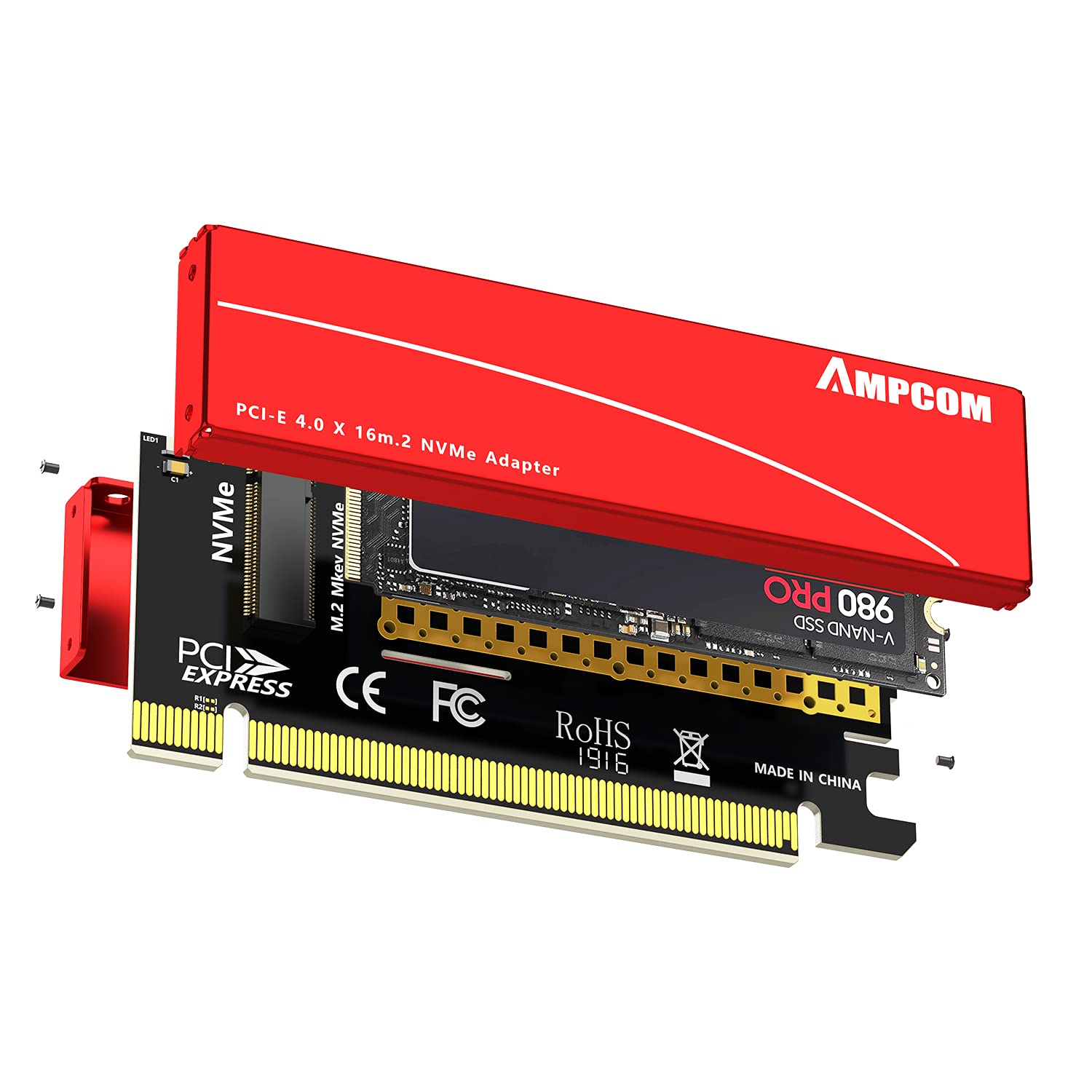 AMPCOM M.2 M Key Nvme SSD to PCI-e 4.0 Adapter, PCI Express 4.0 X16 Card with Aluminum Case, Supports Windows 7/8/ 10, Supports 2280