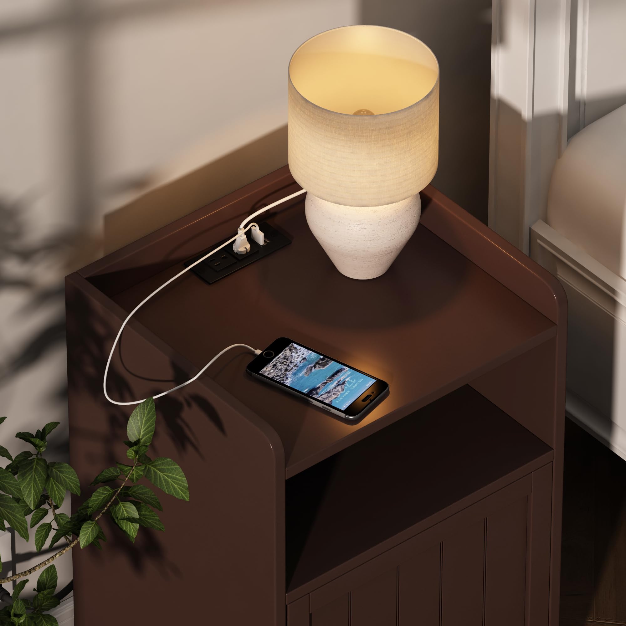 ChooChoo Nightstand with Charging Station Set of 2, Night Stand with Cabinet and Open Storage, Bed Side Table for Bedroom, Espresso