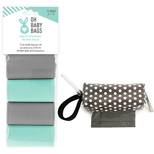 Oh Baby Bags Diaper Bag Clip-On Dispenser with Disposable Bags for Dirty Diapers - Bags Made of Recycled Plastic - Gray Dot Duffle Plus 96 Gray and Seafoam Bags