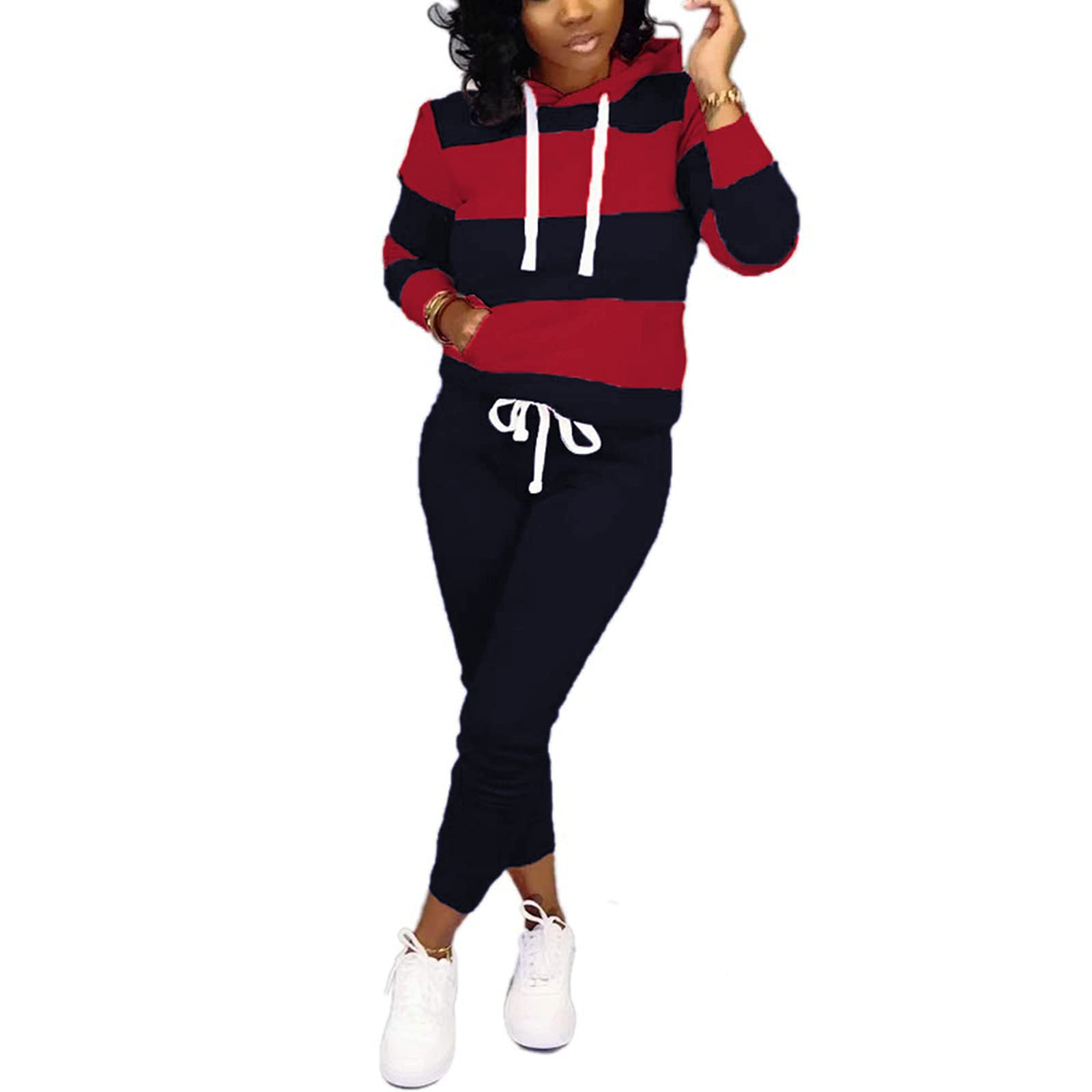 AOMONI 2 Piece Jogging Suits For Women Casual Hooded Long Sleeve Drawstring 2 Piece Outfits Tracksuits Black White XL
