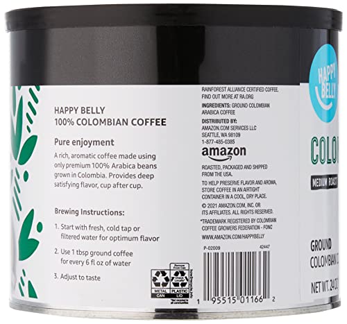 Amazon Brand - Happy Belly Colombian Canister Ground Coffee, Medium Roast, 1.5 pound (Pack of 1)
