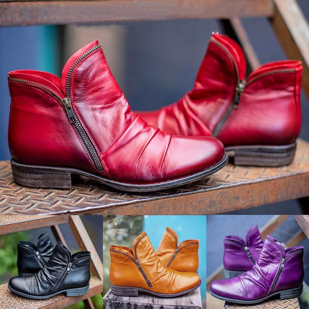 AODONG Ankle Boots for Women Low Heel Short Ankle Booties Zipper Platform Boots Round Toe Non-Slip Combat Womens Boots Purple