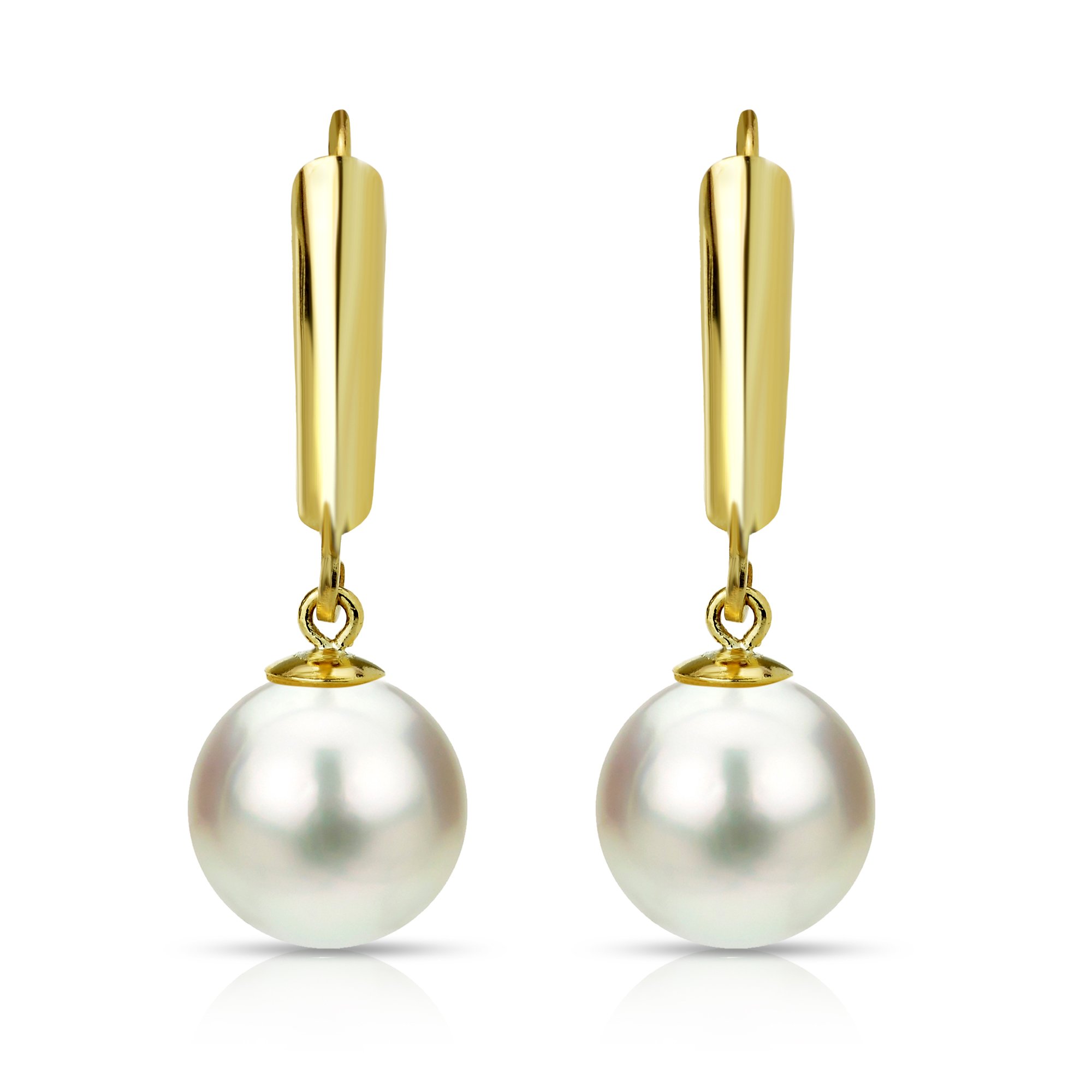 Amazon Collection 14k Yellow Gold 8-8.5mm Round White Freshwater Cultured High Luster Pearl Lever-Back Dangle Earrings