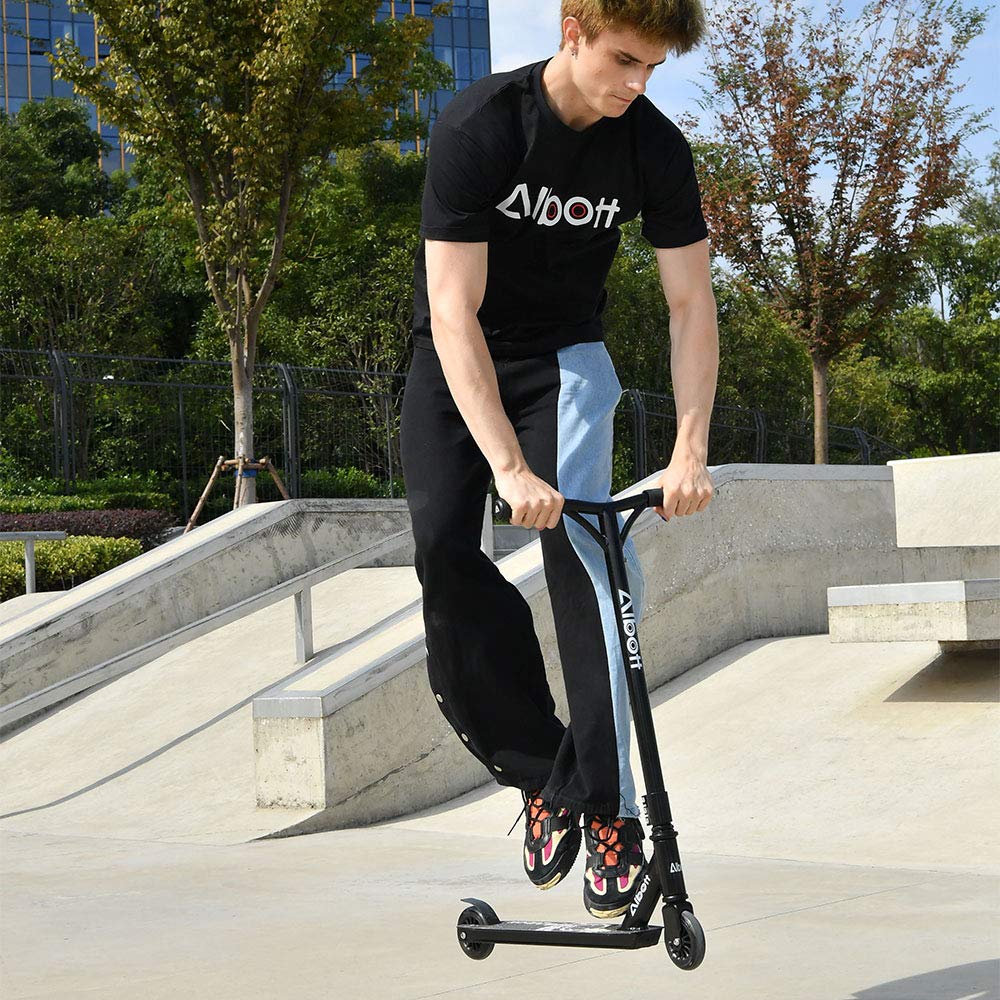Albott Pro Stunt Scooter Complete Trick Scooters Aluminum Entry Level Freestyle Kick Scooters for Kids 8 Years and Up, Boys, Children, Teens, Black (Circle Pattern Deck)