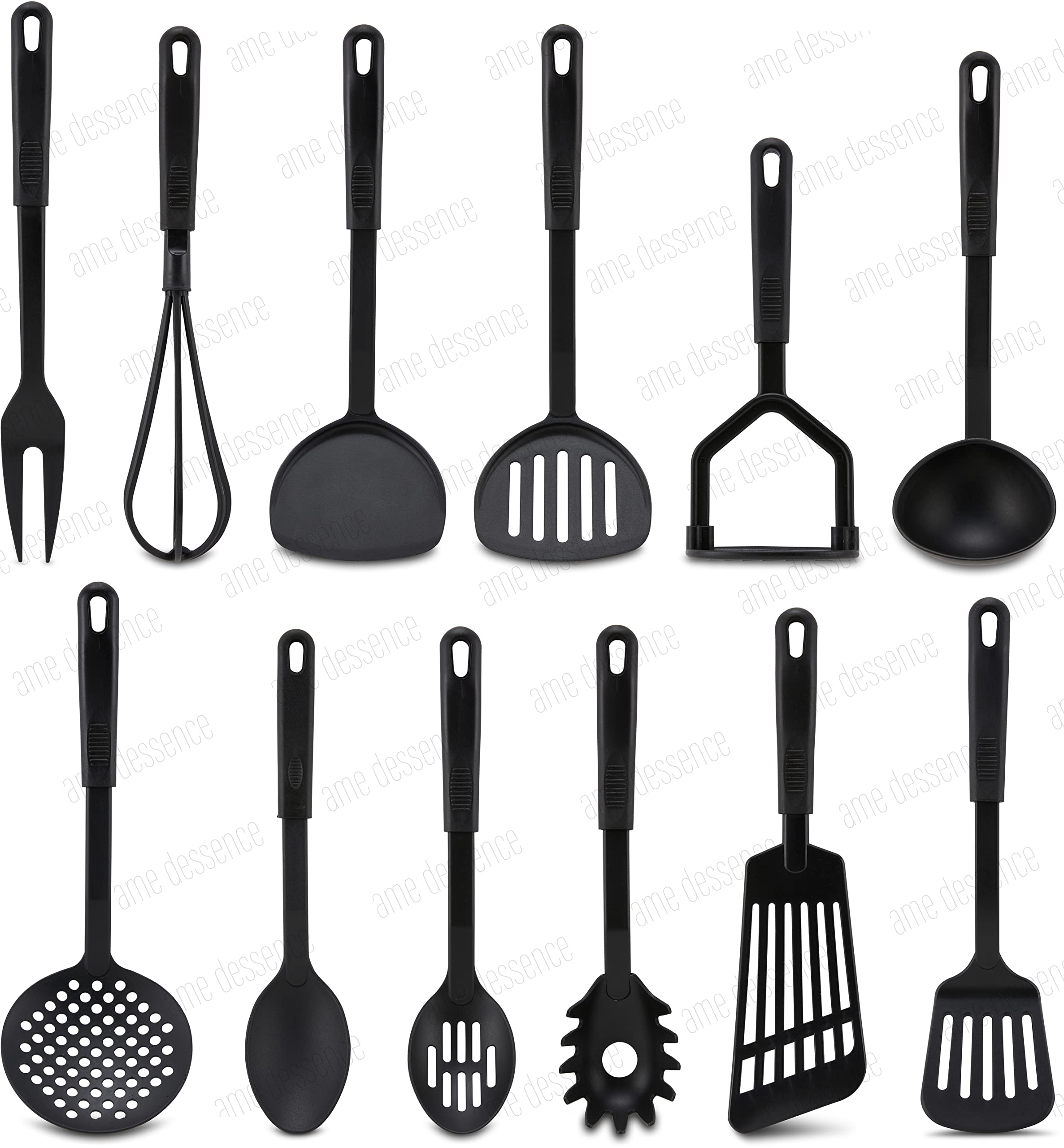 AME D'ESSENCE Slotted Cooking Spoon 11 1/2 inch Black Nylon 410ºF Heat Resistant Serving Spoon with Ergonomic Handle Kitchen Gadgets for Straining