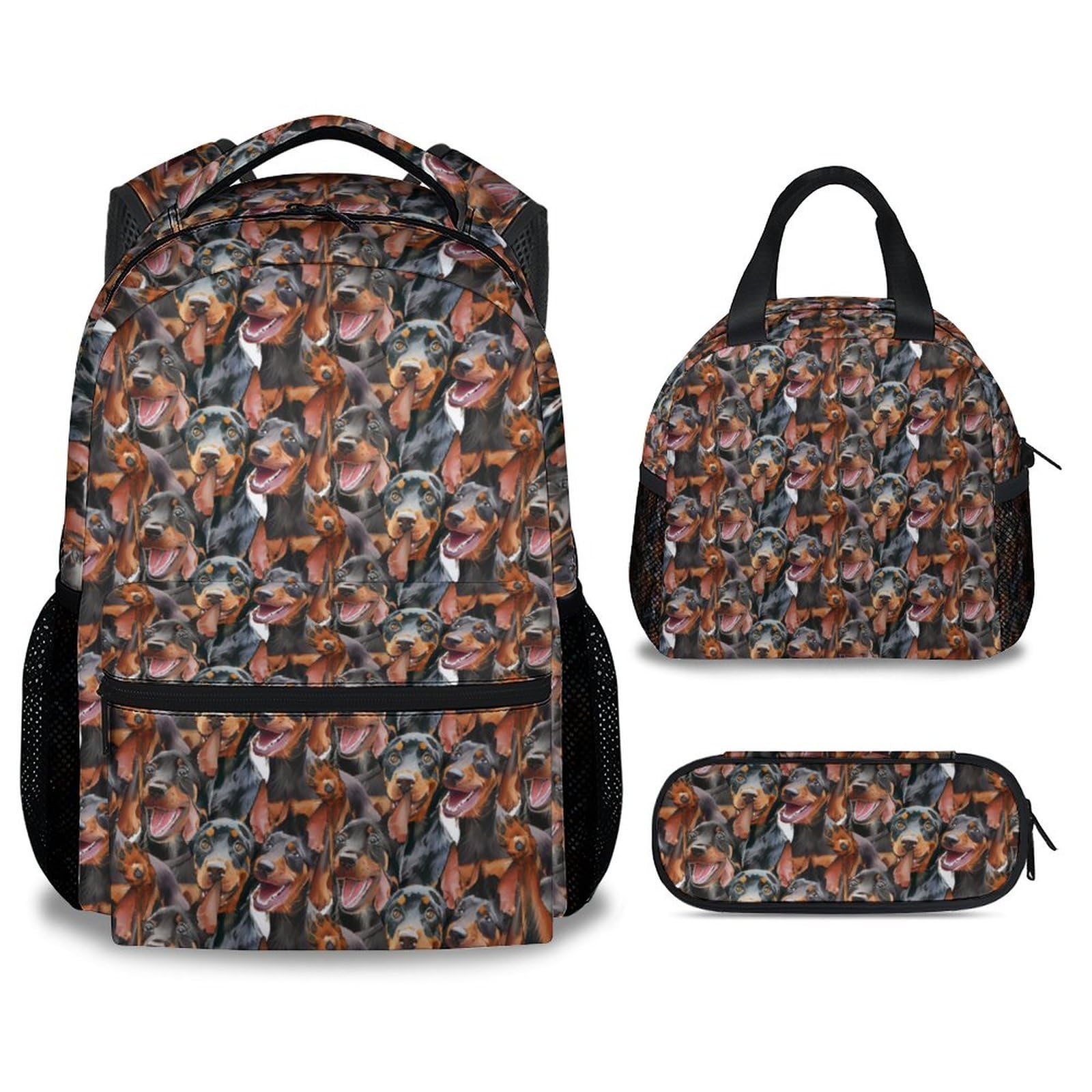 AIOMXZZ Doberman Backpack with Lunch Box and Pencil Case, 16 Inch Cute Dog Theme Bookbag Durable, Lightweight, Large Capacity, Funny Animal Backpack for School Girls Kids Women