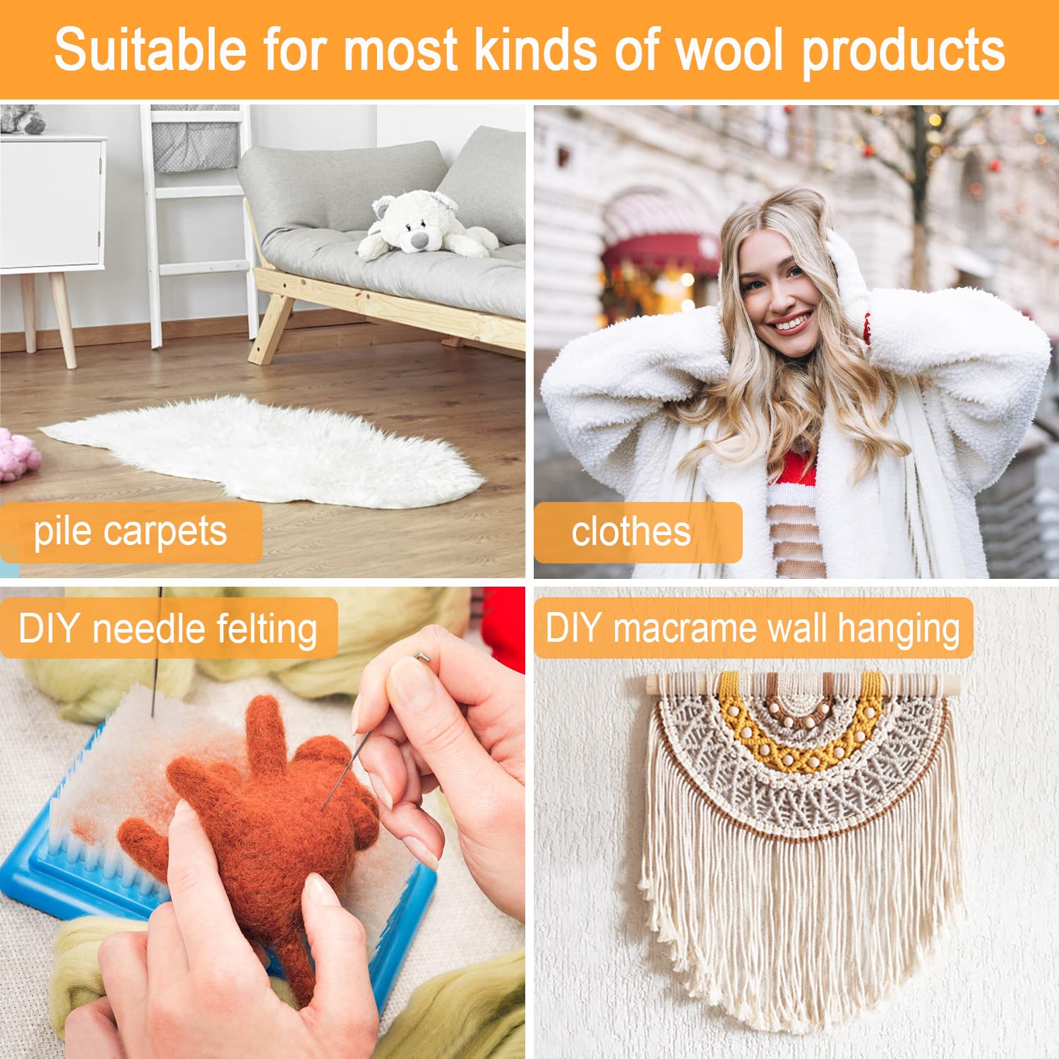 Carpet Rake Sheepskin Wool Brush and Sheepskin Brush Cleaner Comb, More Suitable for Pile Carpets/Rugs, for Carding Fur, Restore Carpets Softness and Texture (Wood, 2PCS(Big+ Small)