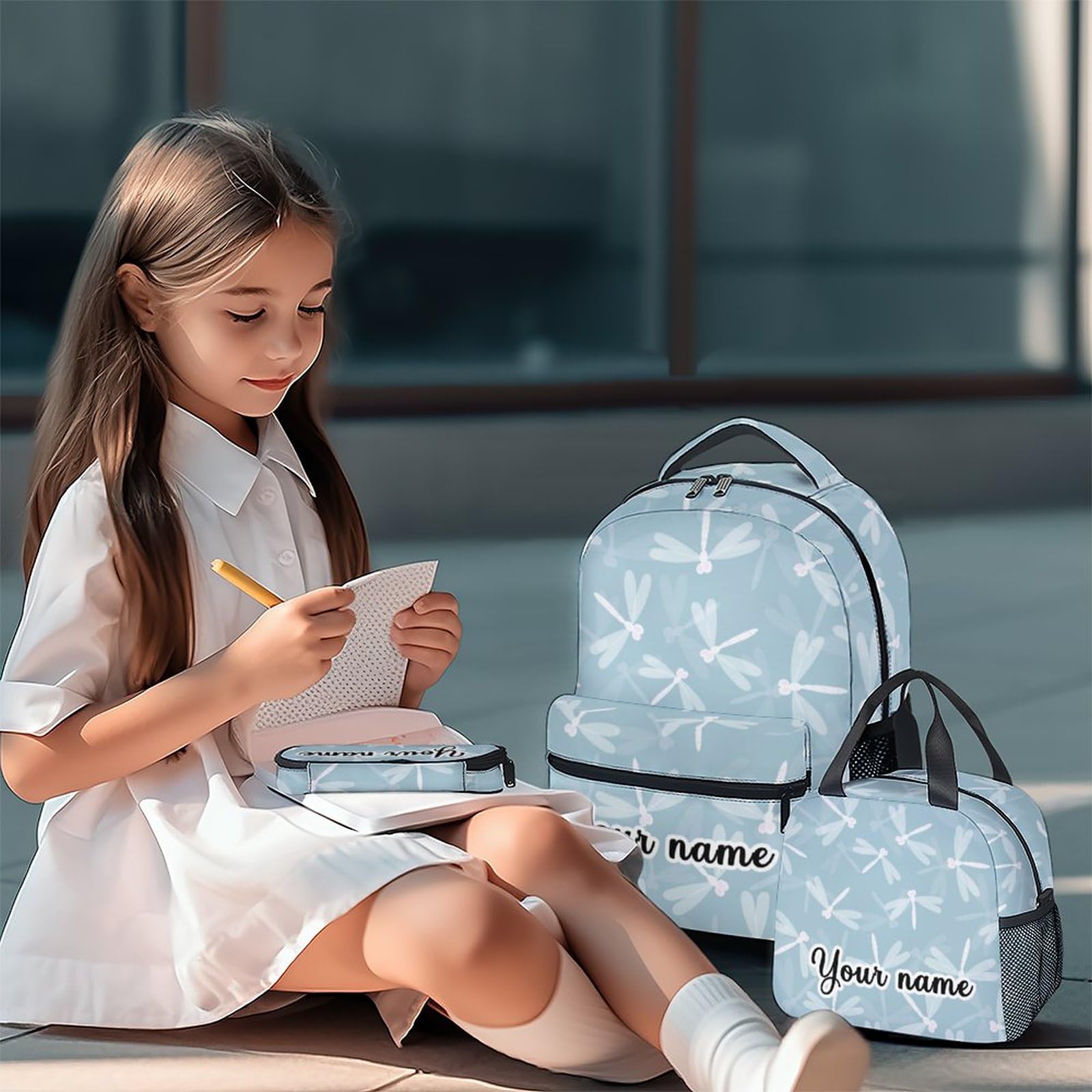 AIOMXZZ Personalized Dragonfly Backpack with Lunch Box Set for Girls, 3 in 1 School Backpacks Matching Combo, Cartoon Green Bookbag And Pencil Case Bundle