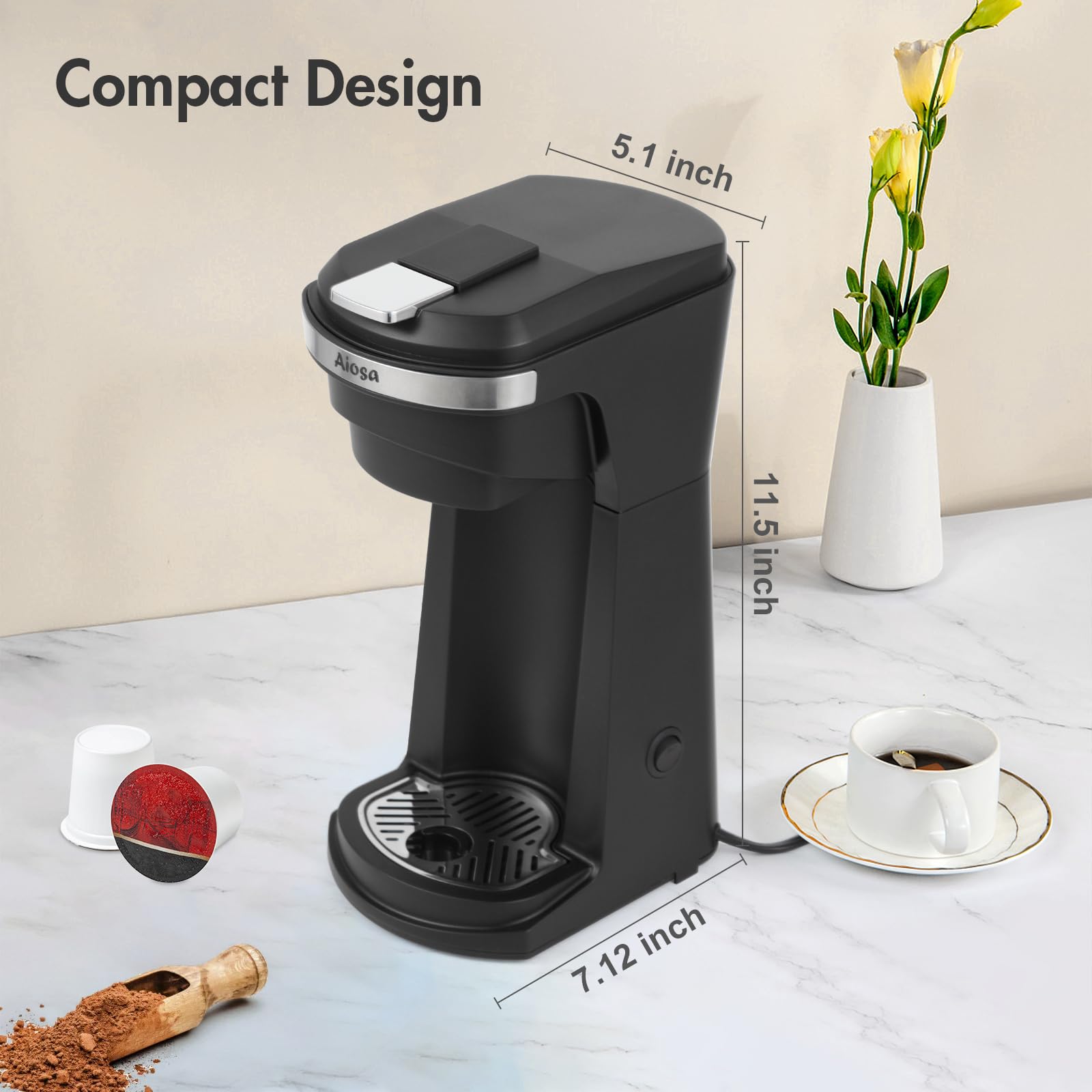 Aiosa Single Serve K Cup Coffee Maker And Ground Coffee Machine 2 in 1, 8 to 14 Oz Brew Sizes, Mini Personal One Cup Coffee Maker, Fits 7in.Travel Mug,Auto Shut Off,800W,Reusable Filter, CM-208RM1