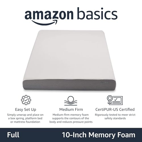 Amazon Basics Memory Foam Mattress, Plush, Full, White/Grey, 10 Inch