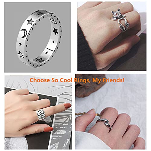 Aogrzun 16 Pcs Cool Silver Plated Frog Open Rings Set, Vintage Matching Rings, Cute and Stylish, Snake, Hug, Moon and Sun Rings for Couples for Women Men
