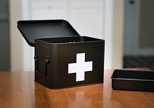 AQ - Matte Black & White First Aid Box, First Aid Kit Tin with Compartments, Side Handle & Minimalist Design, Portable First Aid Tin for Your Car, Camping, Office, Clinics, Keep Supplies Organized