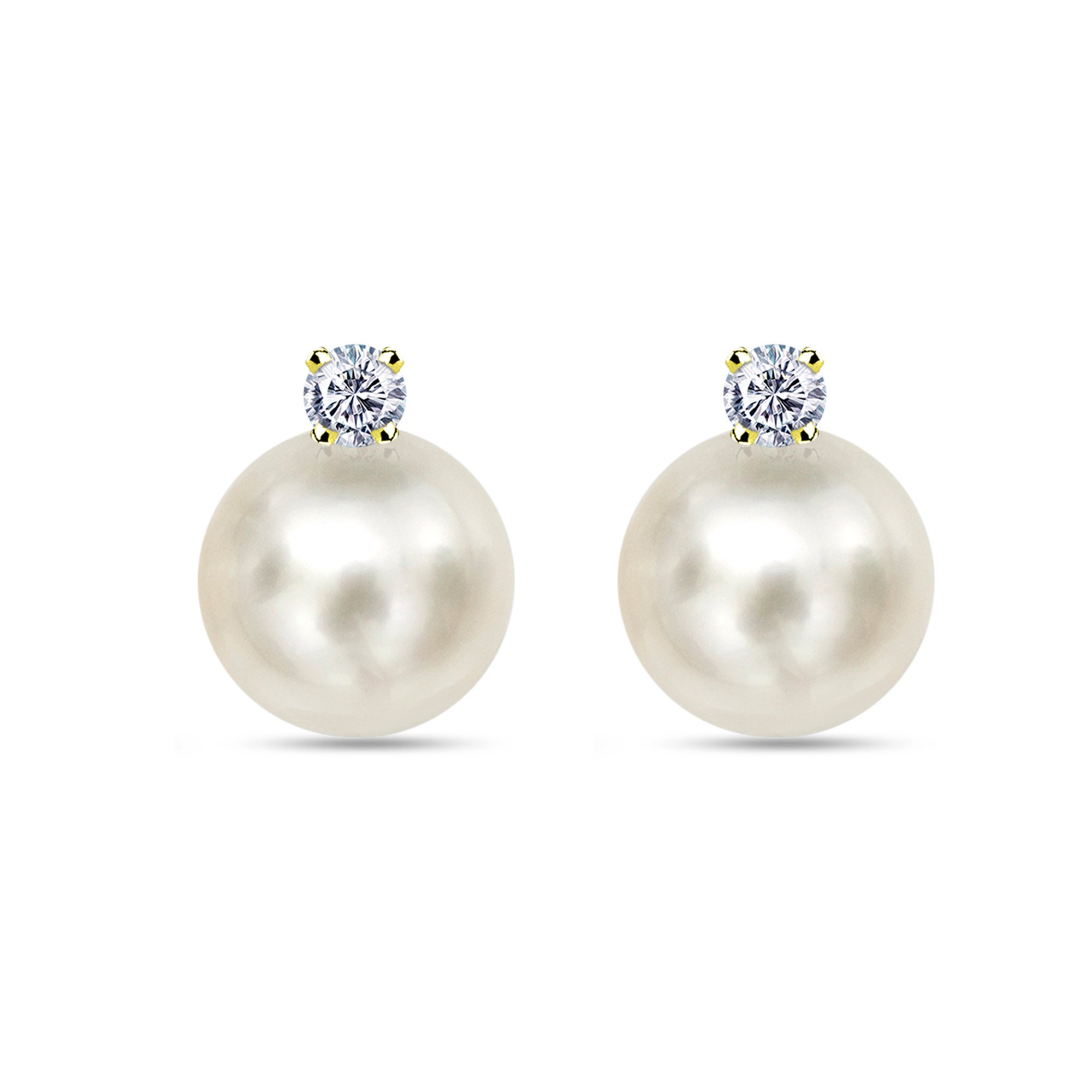 Amazon Collection 14k Yellow Gold 1/5cttw Diamond with 9-9.5mm Round White Freshwater Cultured Pearl Stud Earrings