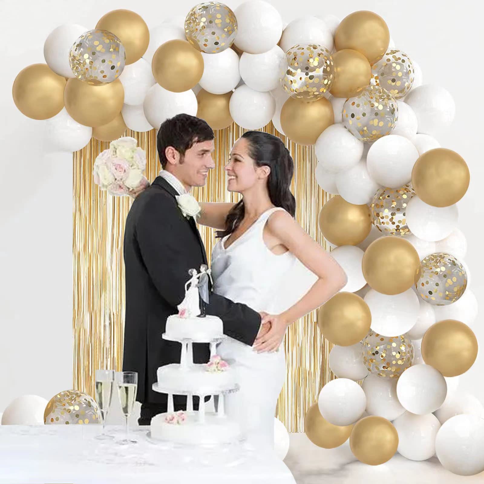 White and Gold Balloon Garland Arch Kit , White and Gold Party Decorations with 1pcs Gold Tinsel Curtains for Graduation Party New Years Birthday Anniversary