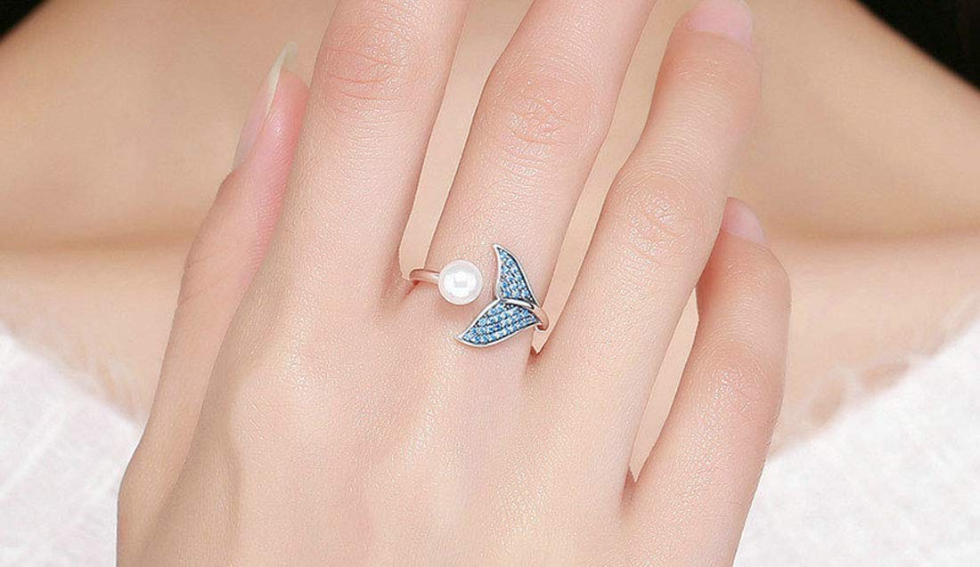 Amaer Dolphin ring S925 Sterling Silver Dolphin Tail Adjustable Finger Ring for Women Girls Open Eternity pearl Ring High Polished White Gold
