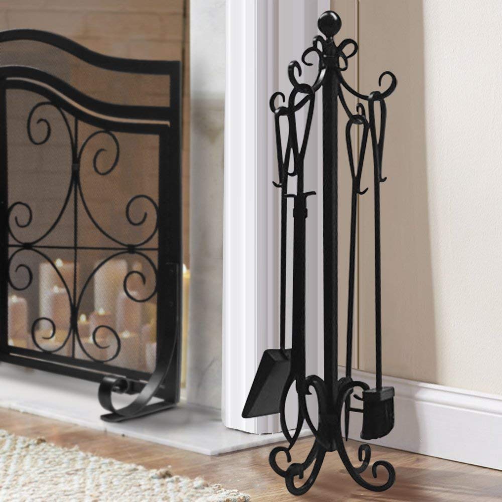 Amagabeli 5 Pieces Scroll Fireplace Tools Bundle Firewood Rack Indoor Carrier Metal