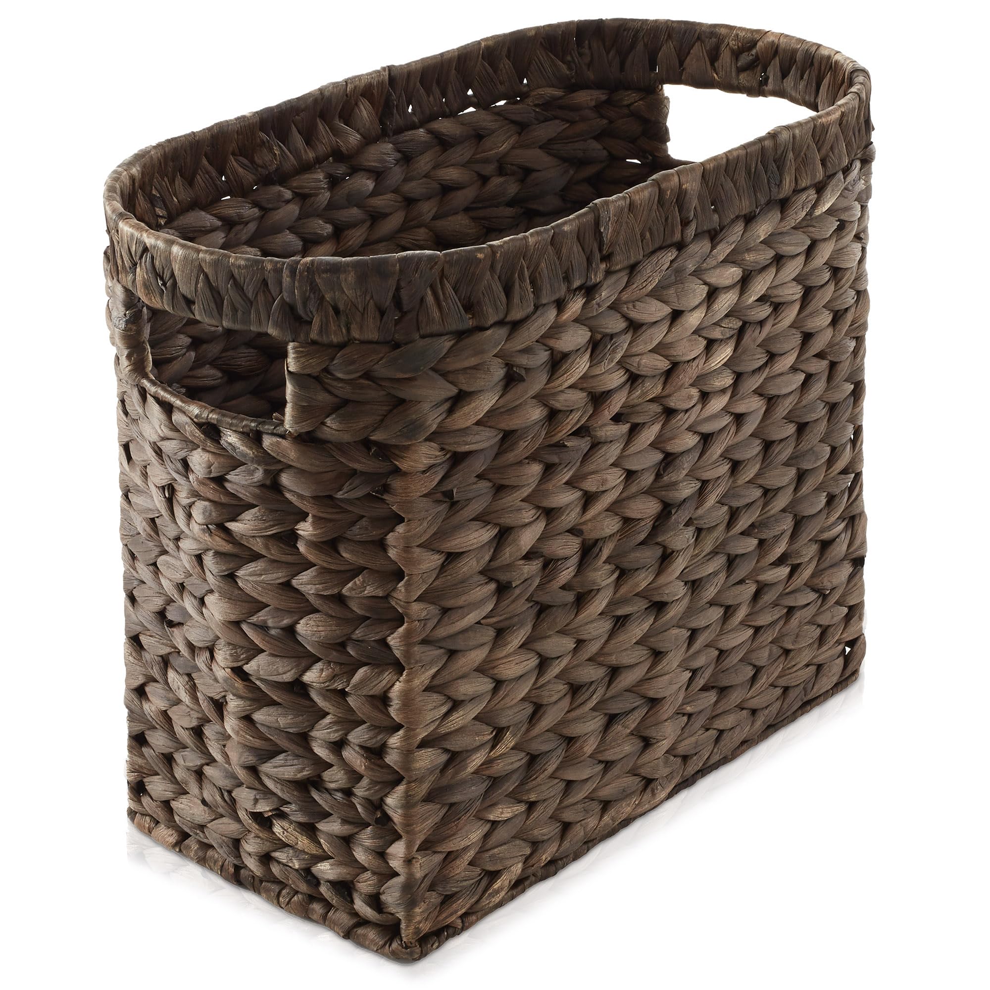Casafield Woven Magazine Holder with Handles, Espresso - Water Hyacinth Storage Basket for Bathroom, Living Room, Home Office