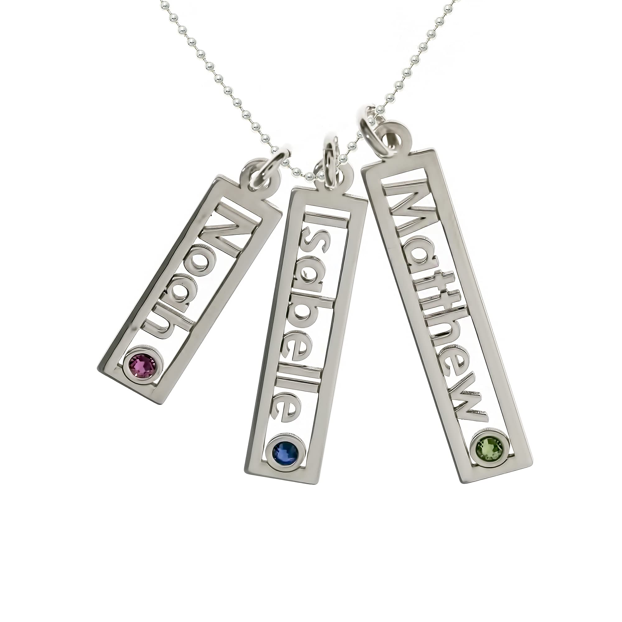 AJ's Collection Personalized Rectangle Triple Open Name Sterling Silver Necklace With Birthstone Setting. Customize a Name Charm. Sterling Silver Cable Chain. Gift For All. Makes Great Birthday Gift.