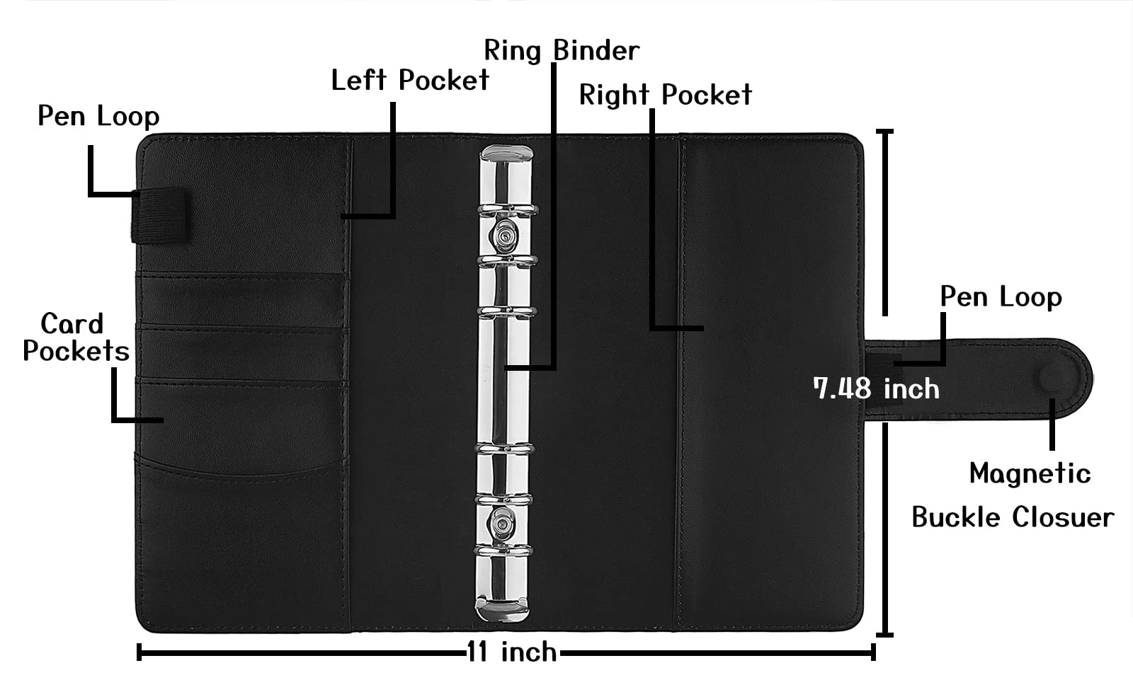 Antner A6 PU Leather Notebook Binder Refillable 6 Ring Budget Binder for A6 Filler Paper, Loose Leaf Personal Planner Binder Cover with Magnetic Buckle Closure, Black