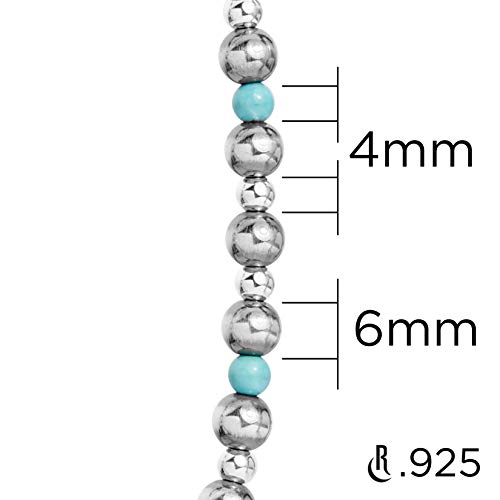 American West Sterling Silver Women's Strand Necklace Blue Turquoise Gemstone and Silver Beaded 15 to 17 Inch