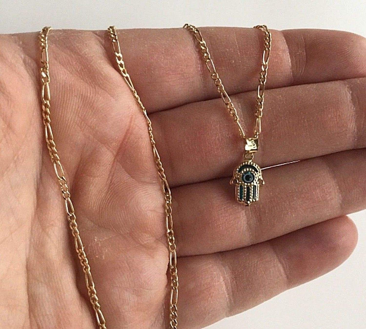 ALEX AND ELSA 14K REAL GOLD HAMSA BLUE EVIL EYE NECKLACE 18" LONG / 14K ORO PURO CADENA DE MANO Y OJO 18" LARGO