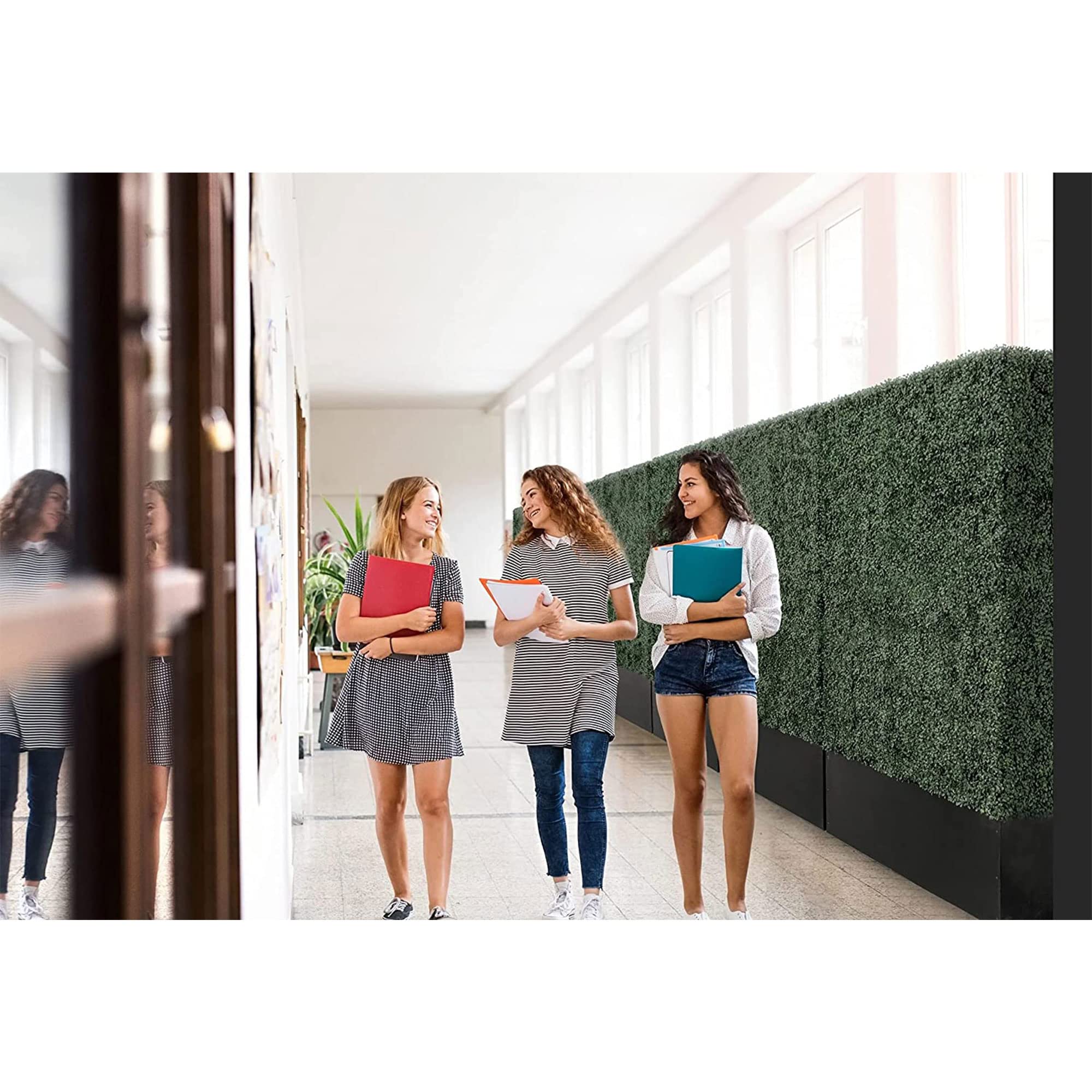Artigwall Artificial Boxwood Hedge Dividing Wall with Black Stainless Steel Planter Box and Hardware for Home, Patio, Deck, or Office, 64" Hx48 Wx14 D