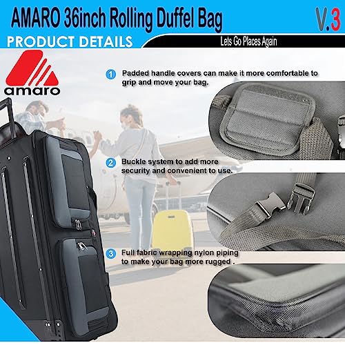 Amaro 120L Large Wheeled Rolling Duffel Bag, Duffel Bag With Wheels, Camping Luggage Bag, Black/Grey, 36 inch