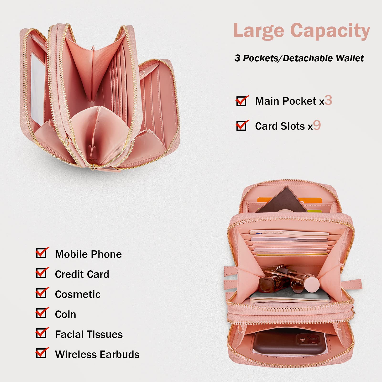 ECOSUSI Crossbody Bag Small Cell Phone Purse for Women Touchscreen Handbag Crossbody Purse with Detachable Wallet Pink